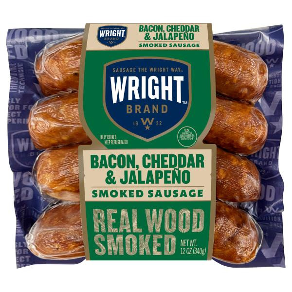 Wright Brand Real Wood Smoked Bacon, Cheddar & Jalapeño Smoked Sausage ...
