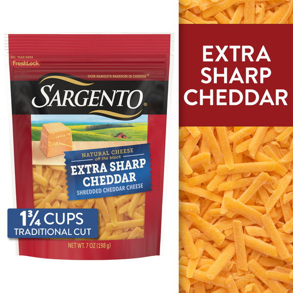 Sargento Natural Extra Sharp Cheddar Shredded Cheese, Fine Cut, 7 oz ...