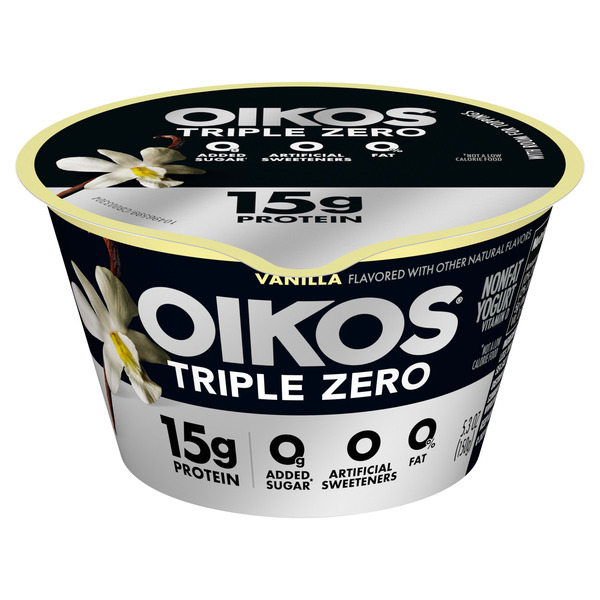 Food Bazaar Oikos Triple Zero Vanilla Nonfat Greek Yogurt 0 Fat 0g Added Sugar and 0 Artificial Sweeteners Just Delicious High Protein Yogurt 5.3 OZ Cup Same Day Delivery Food Bazaar