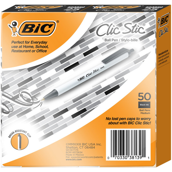 BIC Clic Stic Retractable Ballpoint Pen, Medium Point 1.0mm, Black Ink ...