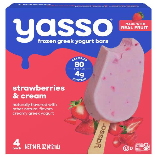 Yasso Yogurt Bars, Greek, Strawberries & Cream, 4 Pack Same-Day ...