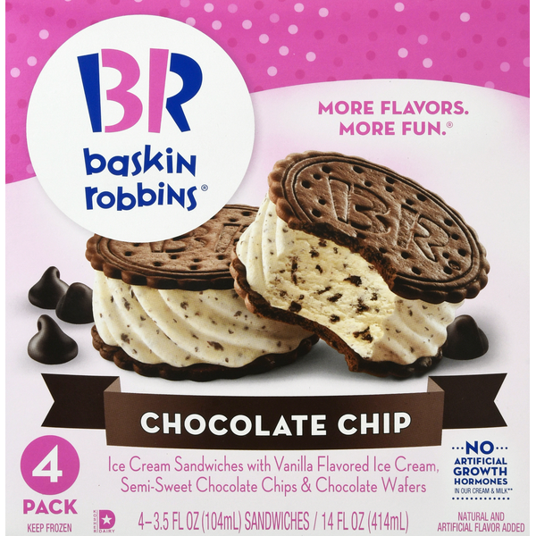 Baskin Robbins Ice Cream Sandwiches, Chocolate Chip, 4 Pack (4 each ...