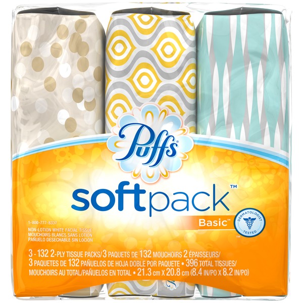 Puffs Basic Puffs SoftPack Basic Facial Tissues; 3 Softpacks; 132 ...