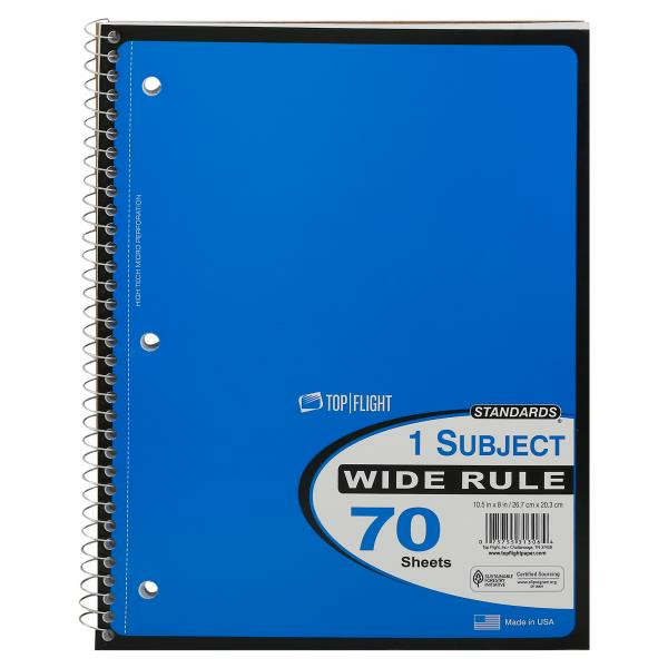 Top Flight Notebook, Wide Rule, 1 Subject, 70 Sheets - 10.5 x 8 in Same ...