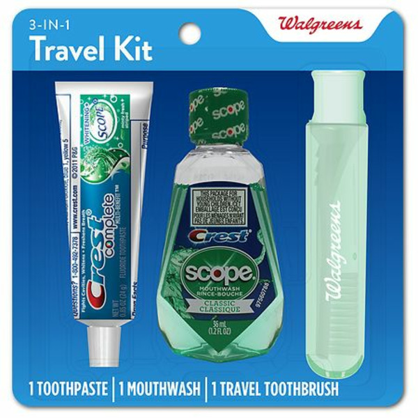Walgreens Walgreens 3-In-1 Travel Kit with Toothpaste, Mouthwash, and ...