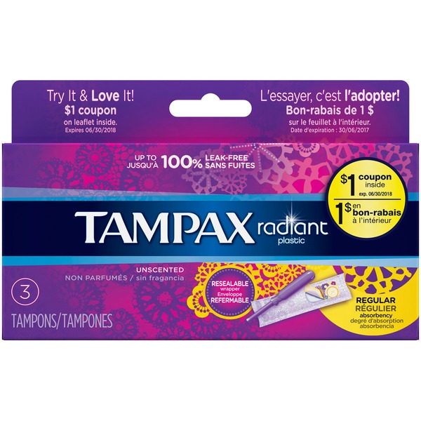 Tampax Radiant Plastic Regular Unscented Tampons (3 ct) - Instacart