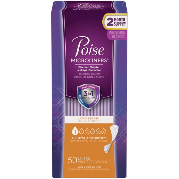 Poise Lightest Absorbency Long Length Incontinence Microliners (50 ct ...