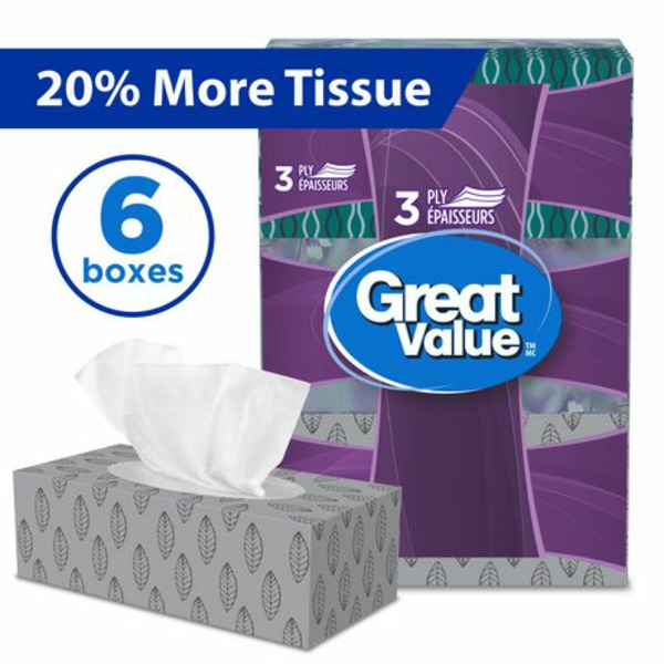 Walmart Great Value Soft & Absorbent Hypoallergenic Facial Tissues in ...