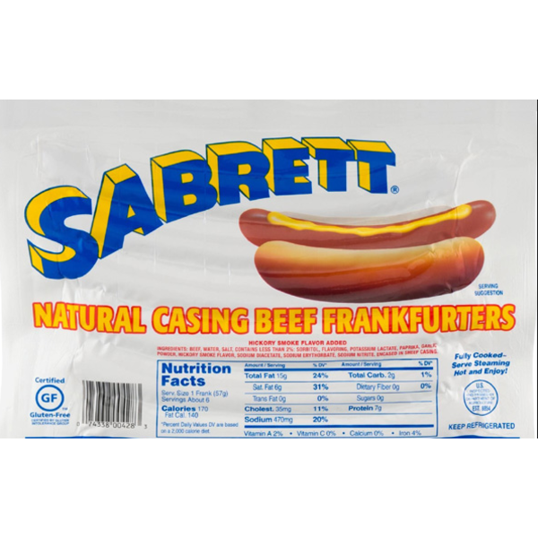 Sabrett - Natural Casing Beef Franks - 10:1 (1.6 oz each), 5 lbs ...