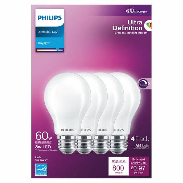 Kroger Philips Light Bulbs, LED, Daylight, Dimmable, A19, 8W, 4 Pack ...