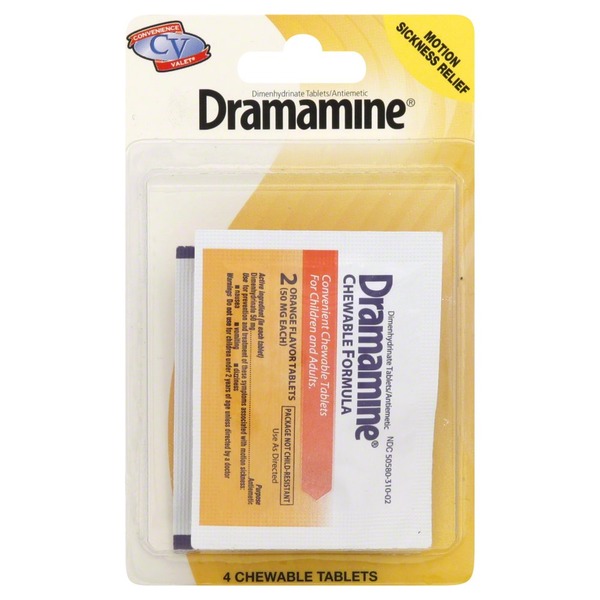Dramamine Motion Sickness Relief, Chewable Tablets, Orange Flavor (4 ct ...