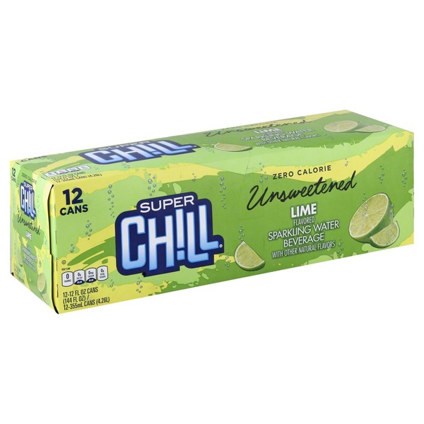 Super Chill Sparkling Water Beverage, Unsweetened, Lime Flavored (12 ...