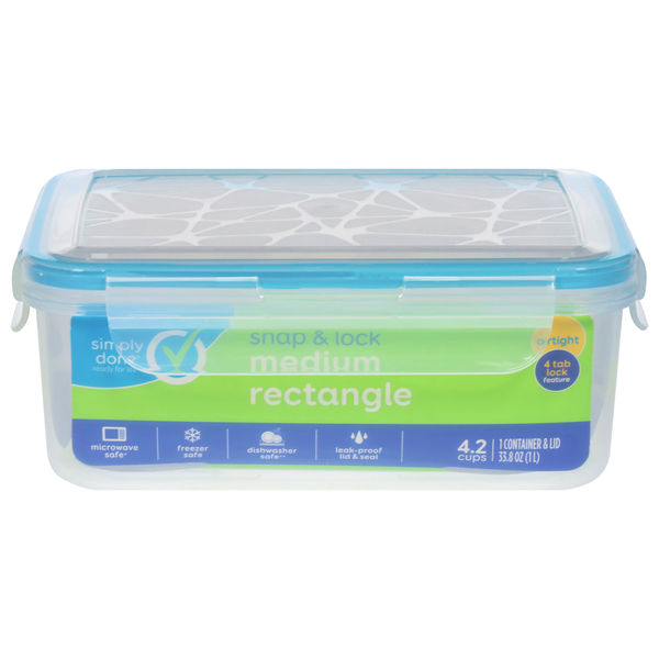 Simply Done Container & Lid, Snap & Lock, Medium, Rectangle, 33.8 Ounce ...