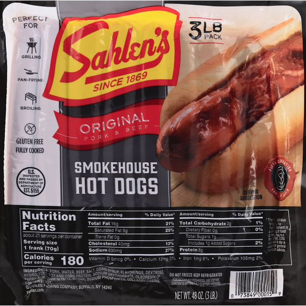 Sahlen's Smokehouse Hot Dogs, Original Pork & Beef (48 oz) - Instacart