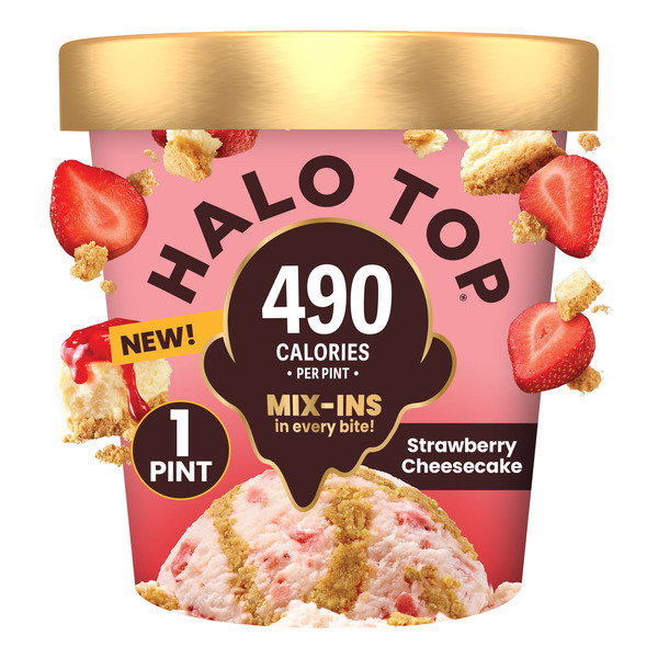 Halo Top Strawberry Cheesecake Light Ice Cream, Lower Calorie Frozen Dessert Pint, 16 fl oz Same ...