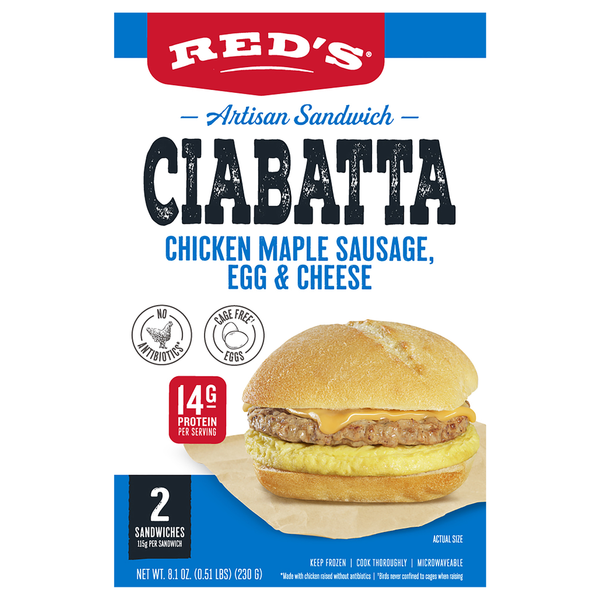 Red's Sandwich, Artisan, Ciabatta, Chicken Maple Sausage, Egg & Cheese ...
