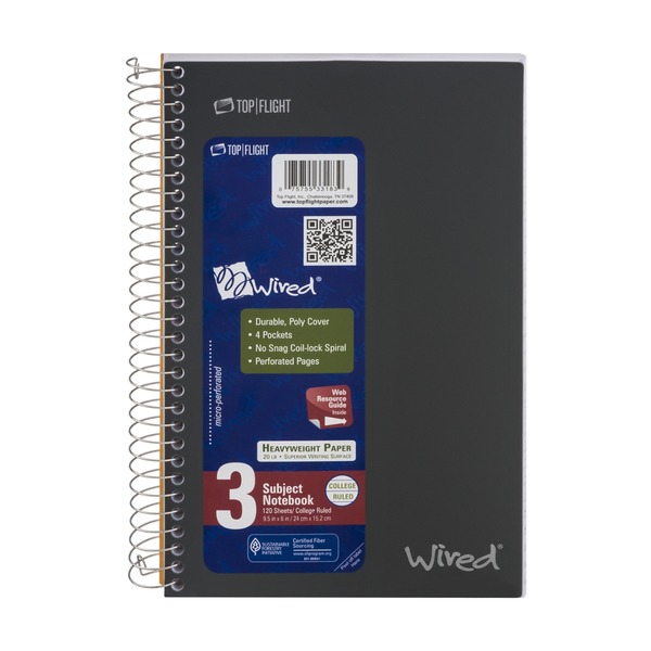 Top Flight Wired 3 Subject Notebook College Ruled - 120 Sheets (1 ct ...