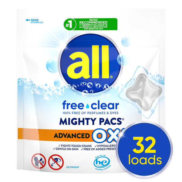 All Unit Dose Laundry Detergent, Mighty Pacs, Free Clear, OXI, 32 Count ...
