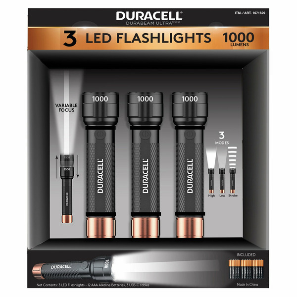 Duracell 1000LM 4AAA LED Flashlight, 3-pack Same-Day Delivery | Costco