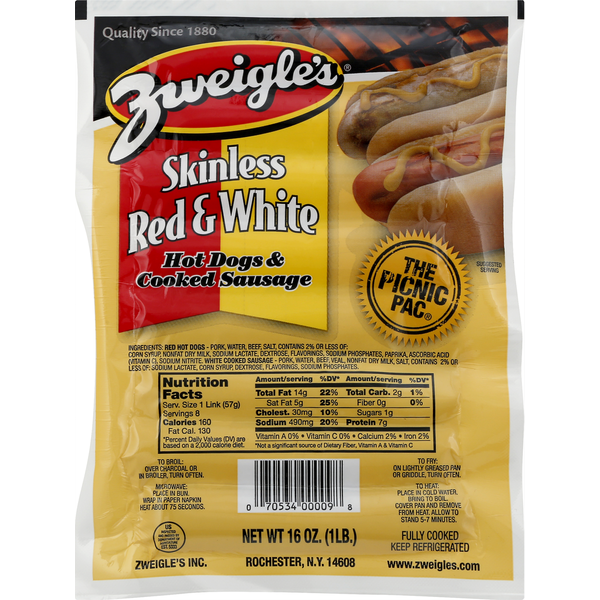 Zweigle’s Hot Dogs & Cooked Sausage, Red & Whites, Skinless Same-Day ...