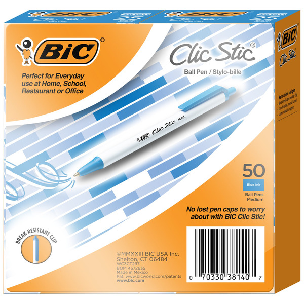 BIC Clic Stic Retractable Ballpoint Pen, Medium Point 1.0mm, Blue Ink ...
