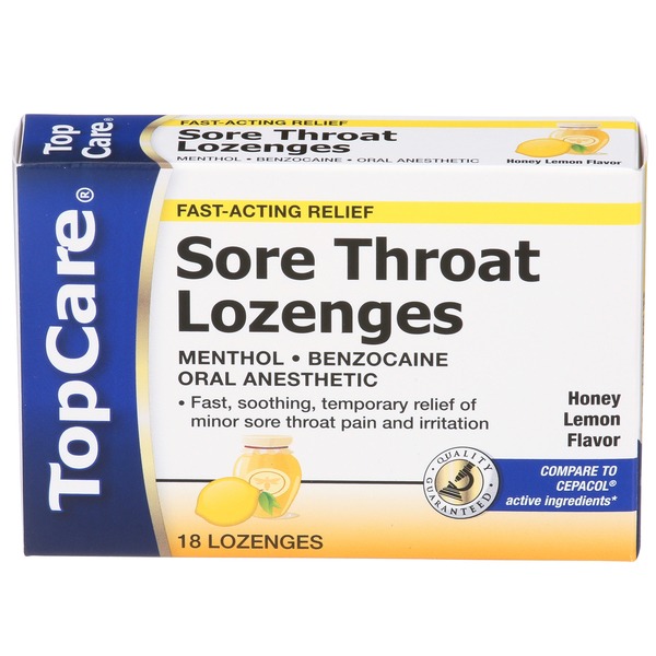 Top Care Fast-acting Relief Sore Throat Lozenges, Honey Lemon Flavor ...