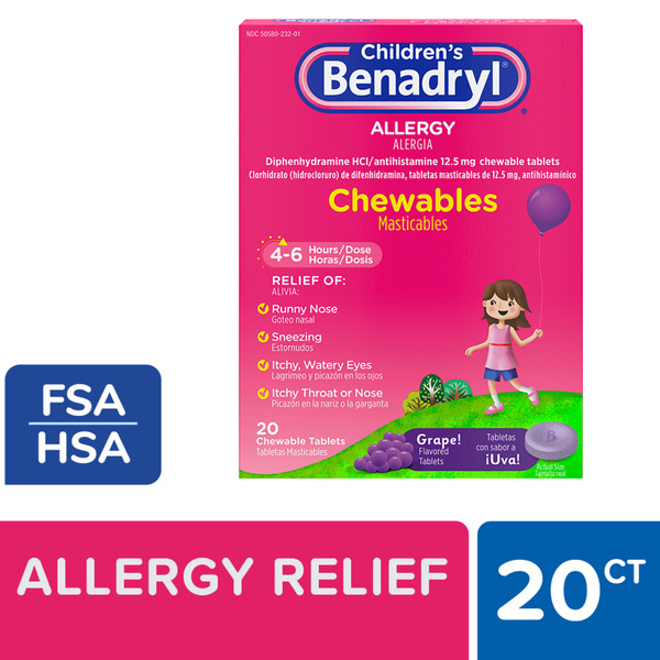 Benadryl Allergy Relief Chewable Tablets, Grape, 20 ct Same-Day ...