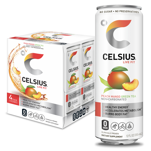 Celsius Energy Drink, Peach Mango Green Tea, 4 Pack (12 fl oz) - Instacart