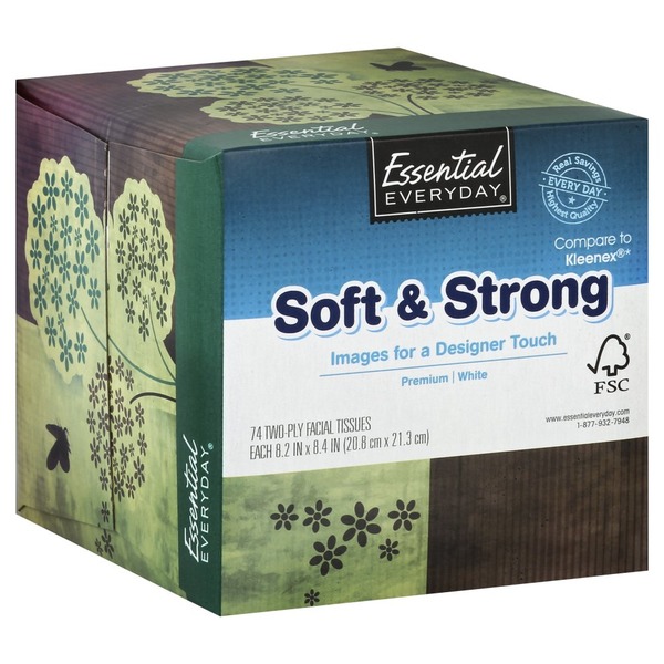 Essential Everyday Facial Tissues, Premium, White, Two-Ply (74 each ...