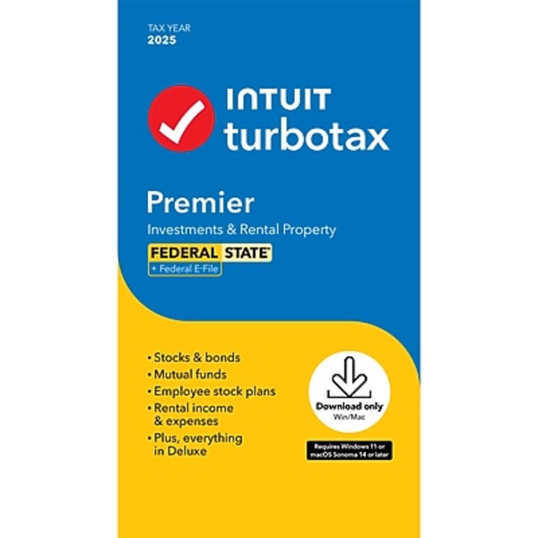 Staples TurboTax Premier 2025 Federal + State Tax Software with E-File ...